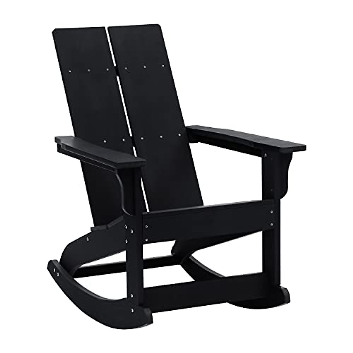 Flash Furniture Finn Modern Commercial Grade Poly Resin Wood Adirondack Rocking Chair - All Weather Black Polystyrene - Dual Slat Back - Stainless Steel Hardware