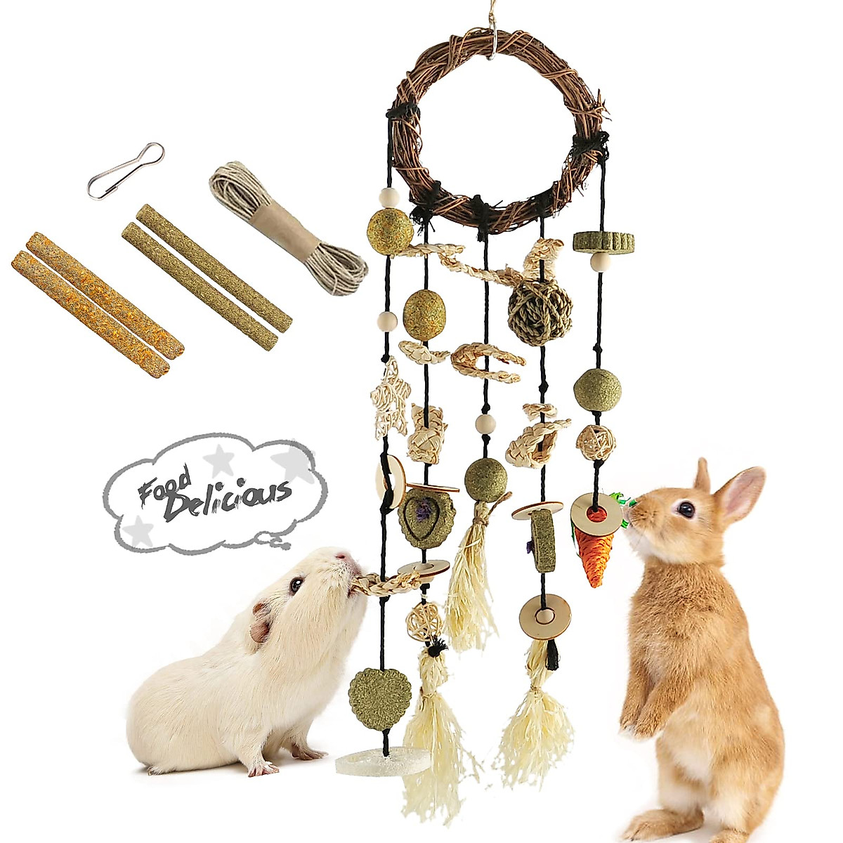 DAMPET 5 Strings， Bunny Teeth Grinding Chew Toys, Rabbit Cage Hanging Chew Toys, All Natural Materials for Guinea Pigs, Hamsters, Rabbits and Rats
