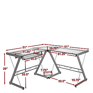 OneSpace Ultramodern Glass L-Shape Desk, Silver and Clear