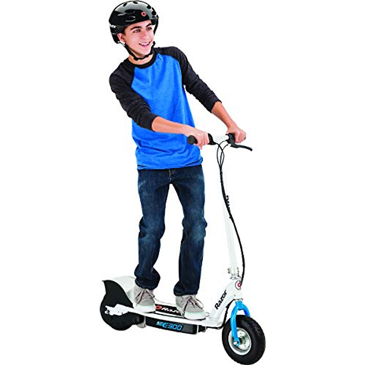 Razor E300 Electric Scooter - 9" Air-filled Tires, Up to 15 mph and 10 Miles Range, White/Blue