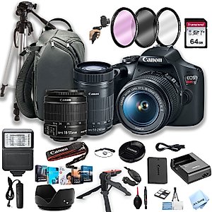 Canon EOS Rebel T7 DSLR Camera w/EF-S 18-55mm + 55-250mm Lenses + 64GB Memory + Flash Sling Case + Steady Grip Pod + Tripod + Filters + Software + More (36pc Bundle)