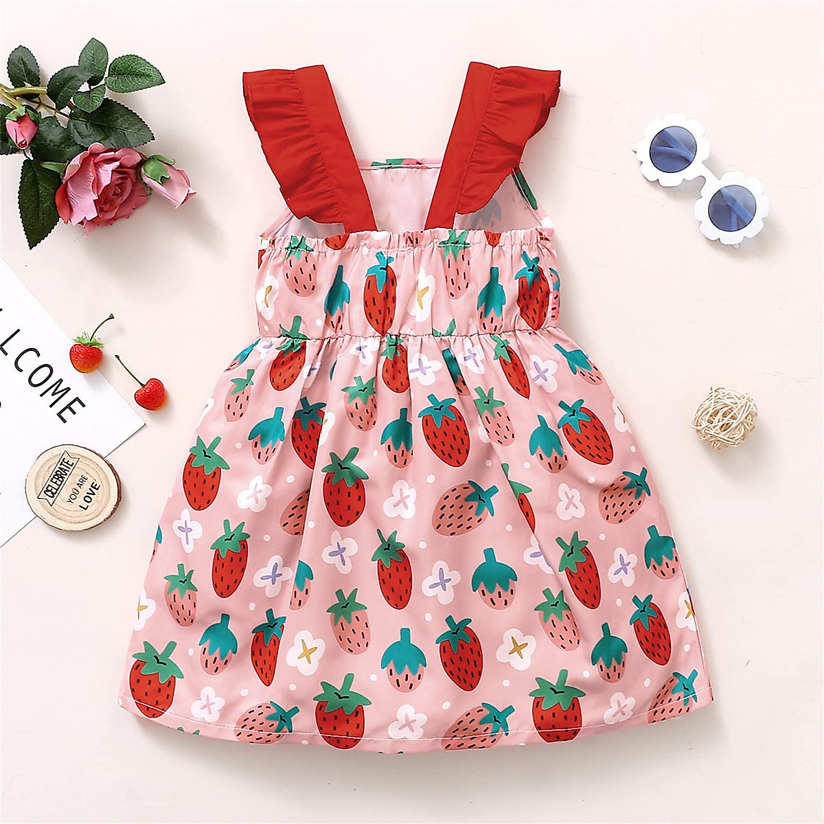 Kids Girls Toddler Beach Fruit Strawberry Prints Sleeveless Infant Princess Girls Hummingbird Dress (Pink, 3-4 Years)