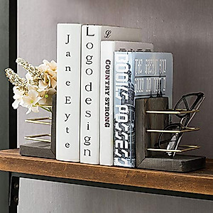 MyGift Vintage Gray Solid Wood Decorative Bookends for Shelves with Brass Metal Wire Pencil Holder Stationary Organizer Slots, 1 Pair