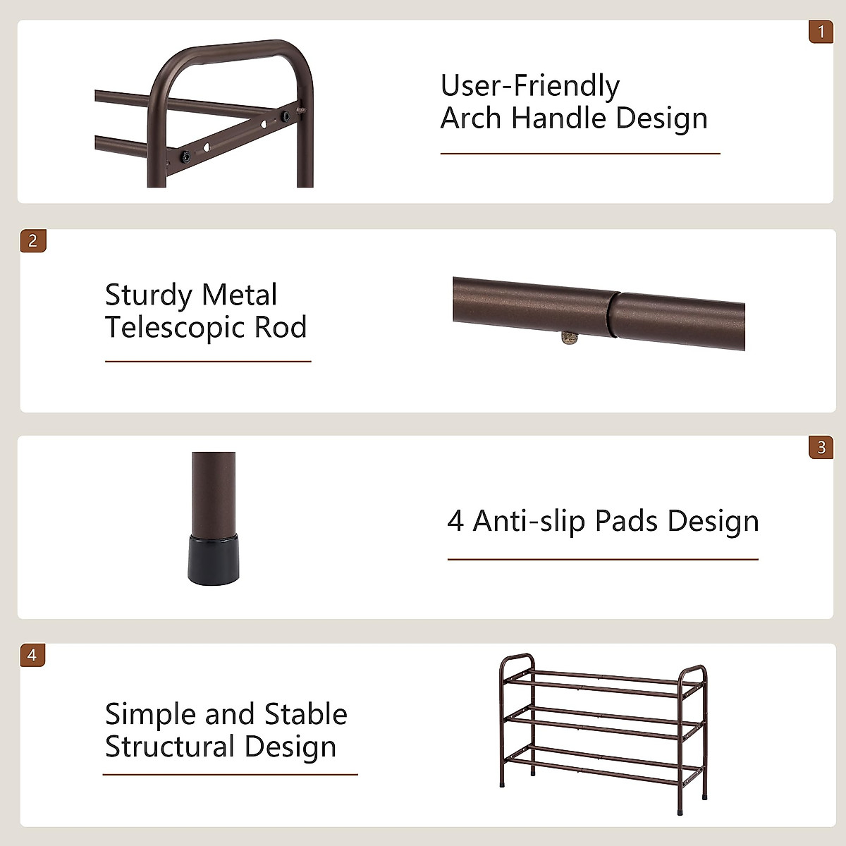 Gewudraw 3-Tier shoe organizer,shoe rack for closet,41.53'' Metal shelf for Bedroom, Entryway,Adjustable to 18 Pairs Shoes, Expandable,Brown