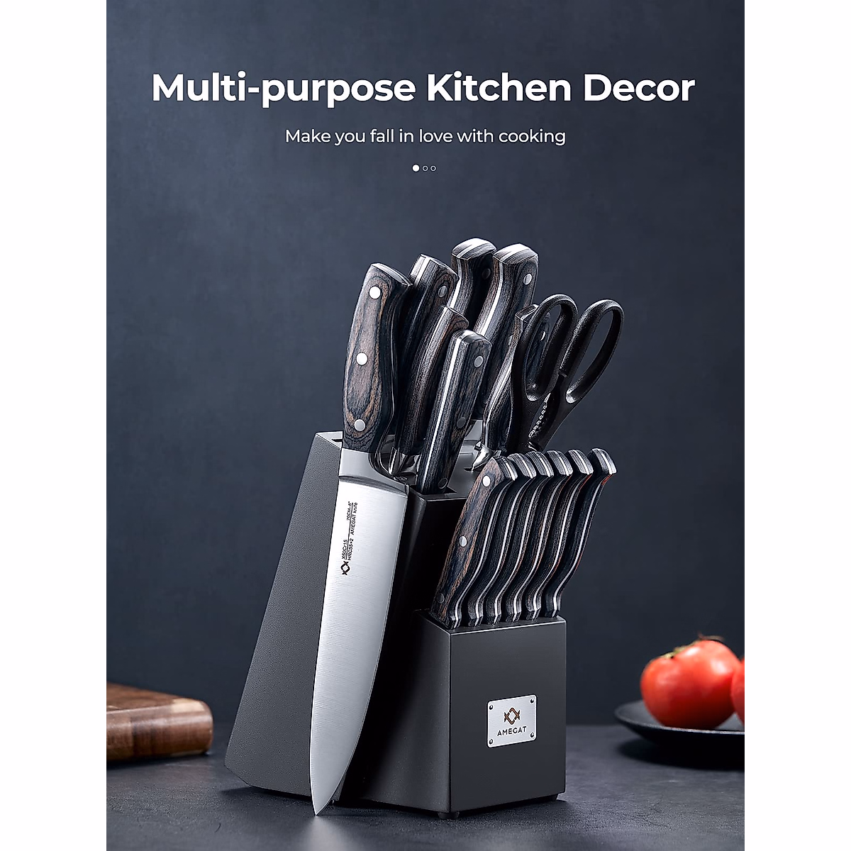 AMEGAT 15-Piece Knife Set with Built-in Sharpener and Carving Fork, Ultra Sharp Knife Block Set with Full Tang Design & Wooden Handle, High Carbon Stainless Steel Knife Sets for Kitchen with Block
