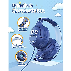 iClever Smiley Kids Headphones Wired, 85/94dB Volume Limited, Over-Ear Headphones for Kids with Share Port, Stereo Sound, Foldable Kids Headphones for School/Travel/iPad/Fire Tablet, Blue