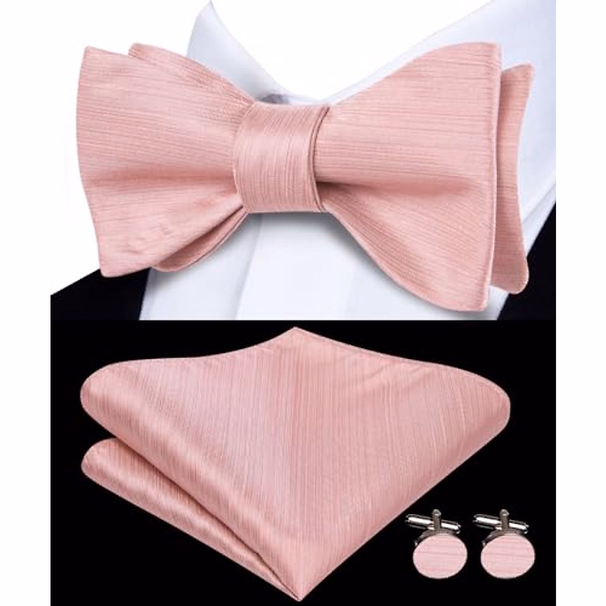 Dubulle Self Tie Bow Ties and Lapel Pin for Men Paisley Solid Mens Bowtie and Handkerchief Cufflinks Set Wedding,Blush Rose Gold
