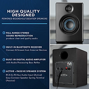 PyleUsa HiFi Active Bookshelf Speaker with Bluetooth - Audio Stereo Monitor Speaker System, 300W, Quality Sound for PC, TV, Desktops, w/USB, Micro SD, RCA Input, Black - PBKSP33BK