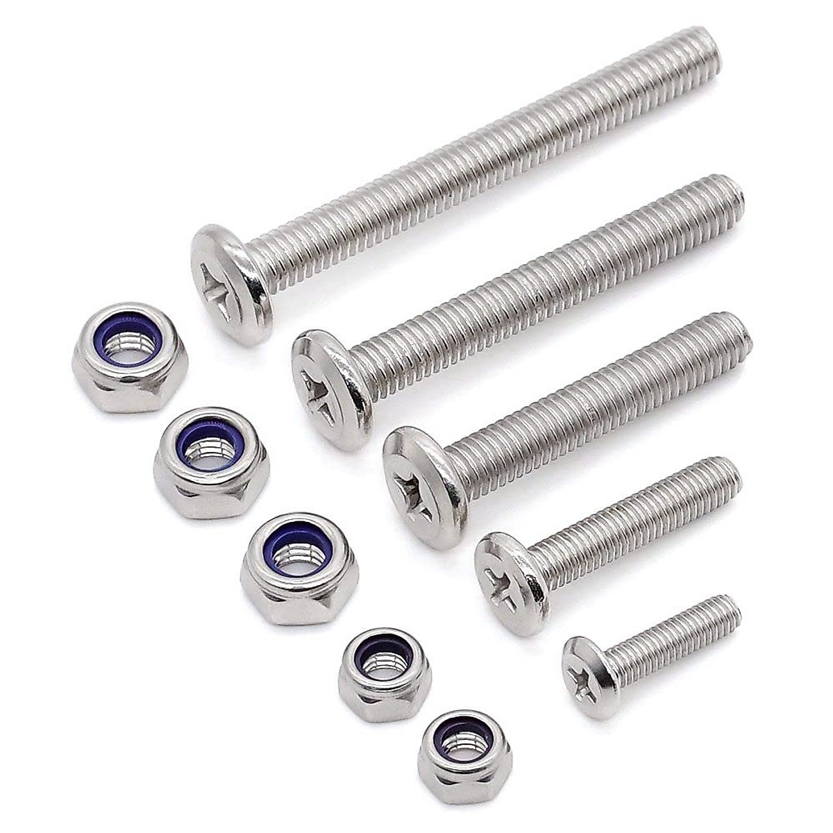 Glvaner (20 sets) M6-1.0 x 10mm Stainless Steel (304) Flat Round Head Machine Screws and M6-1.0 Hex Locknuts with Blue Nylon Insert Furniture Table Shelf Screw Hardware Assortment