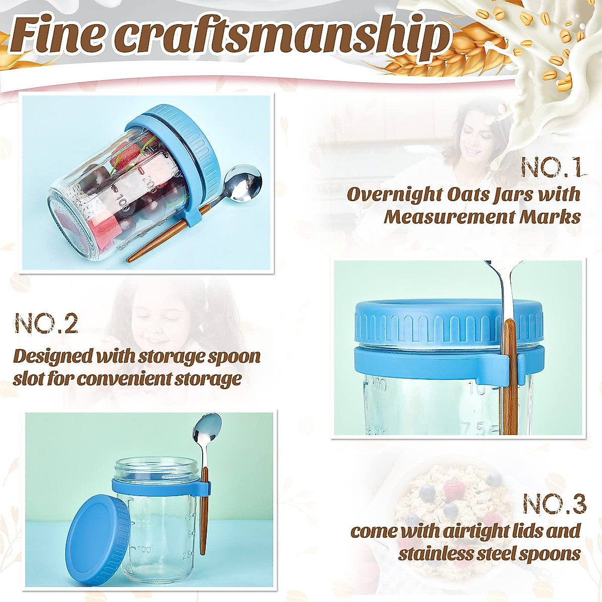 Irenare 10 Pack 10 oz Overnight Oats Containers with Lids and Spoons, Glass Airtight Oatmeal Overnight Oat Jars with Measurement Marks Airtight Jars for Milk Cereal Fruit (Blue)