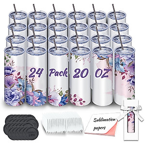 Sublimation Tumblers bulk 20 oz Skinny, 24 Pack Stainless Steel Double Wall Insulated Straight Sublimation Tumbler Cups Blank White with Lid, Straw, Individually Box,Polymer Coating for Heat Transfer
