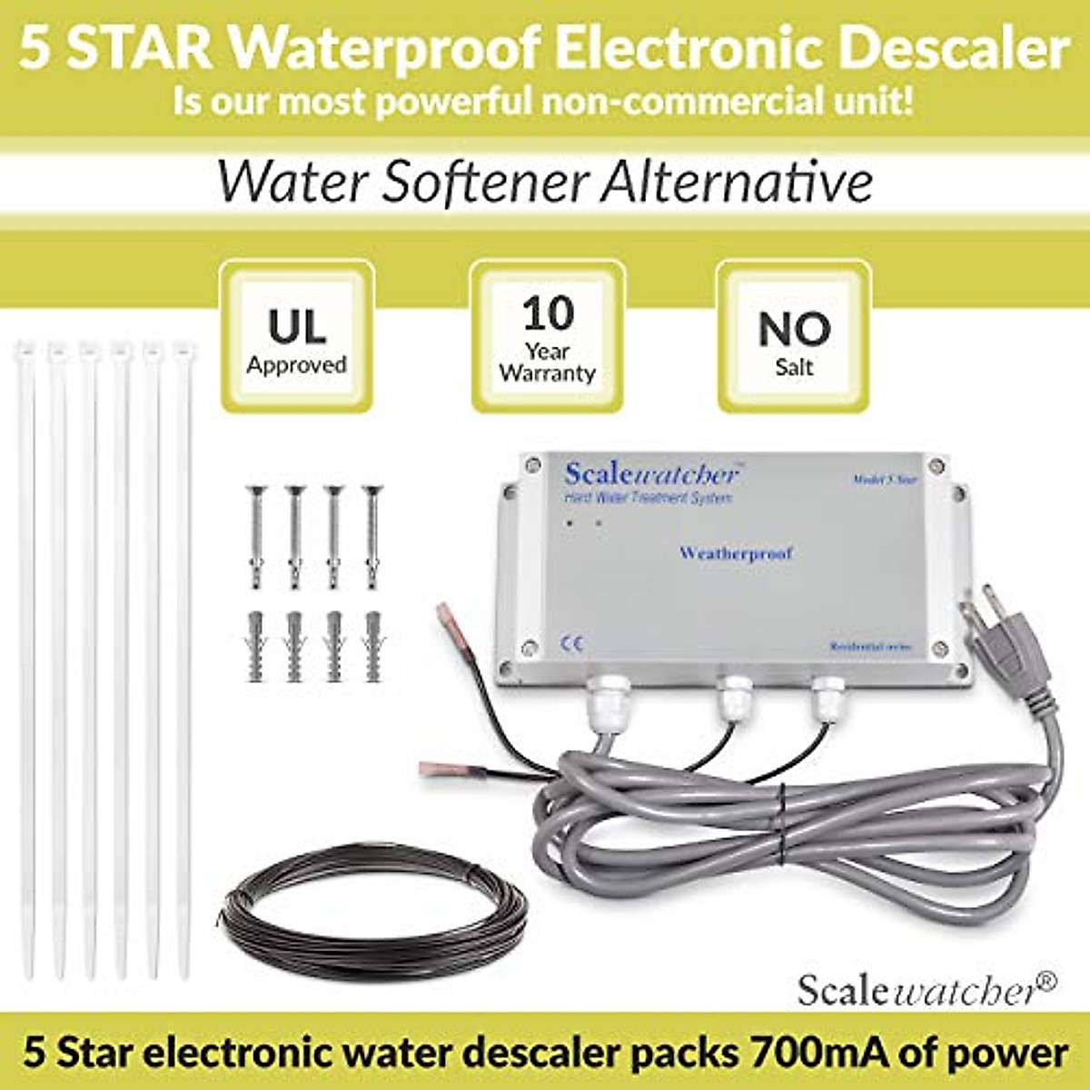 Scalewatcher 5 Waterproof Electronic Descaler | USA Made & Patented Hard Water Softener/Conditioner Alternative | 700mA Salt-Free Electric Limescale Remover for Swimming Pool, Irrigation & More