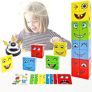 Wooden Face Changing Magic Cube Game, Expression Puzzle Building Blocks Pattern Matching Game with Bell, Educational Puzzles Toy Board Games for Kids and Adults