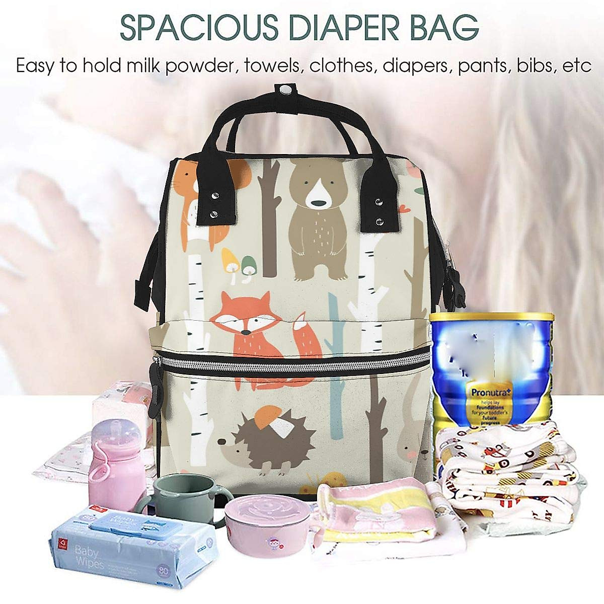 Forest Cute Fox Bear Animals Wildlife Diaper Bags Fashion Mummy Backpack Multi Functions Large Capacity Nappy Bag Nursing Bag for Baby Care for Traveling