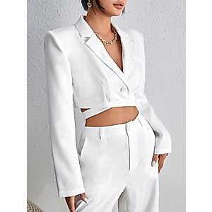 Milumia Women's Shoulder Pad Tie Back Long Sleeve Lapel Crop Wrap Blazer Jacket Outerwear White Medium