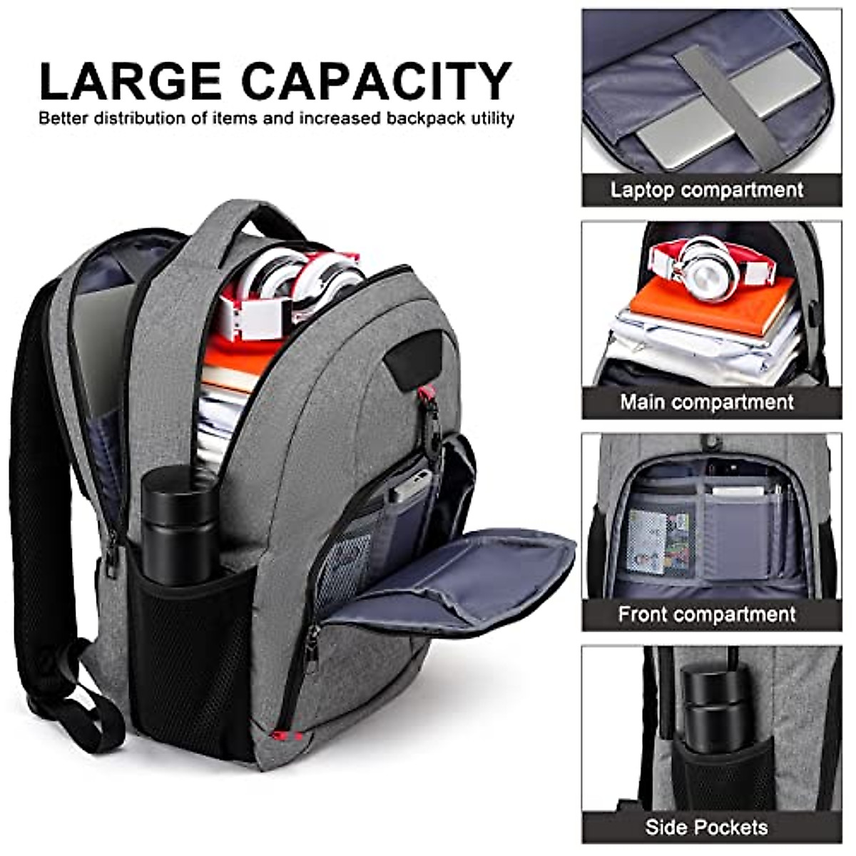 Liokesa Laptop Backpack for Men, School Backpack for Teen Boys with USB Charging Port, Travel Water Resistant Students Book Bags, Large College Work Back Pack Fit 15.6 Inch Laptop, Grey