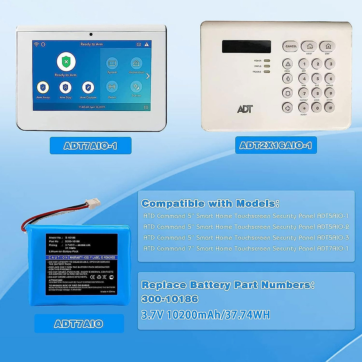 TOPUSSE Replacement 300-10186 Lithium Ion Battery 3.6/4.2v for ADT Command Smart Security Panel 7800mAh