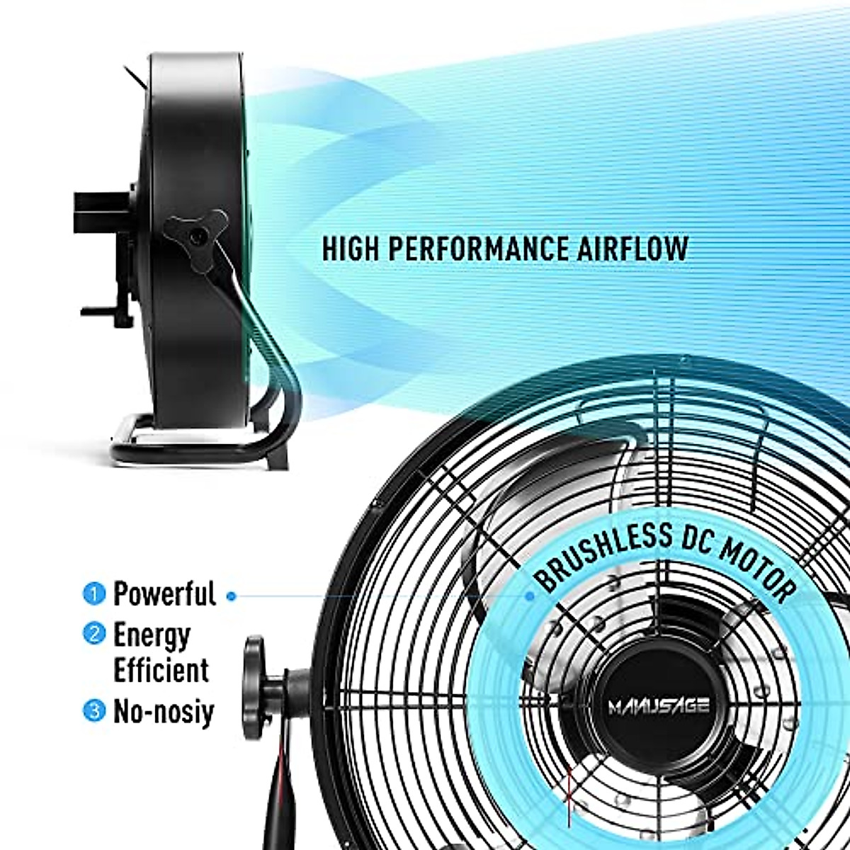 MANUSAGE 12'' High-Speed Fan - Quick Installation, Floor-Standing or Wall-Mounted, Dual Current Mode, 9-Speed for USB/Power Bank - Ideal for Home, Bedroom, Travel, Camping, Garage Use black