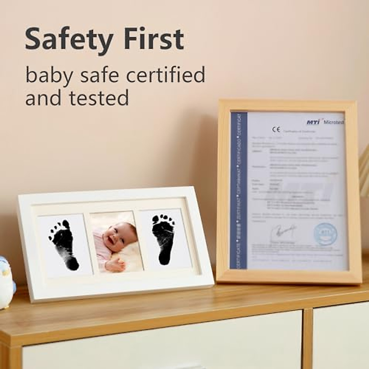 PewinGo Baby Hand and Footprint Kit,Inkless Baby Handprint Kit with 2 Safe Clean-Touch Ink Pads and a Wooden Baby Picture Frame for Newborn,Baby Boys & Girls,Baby Gifts for New ParentsBaby Shower