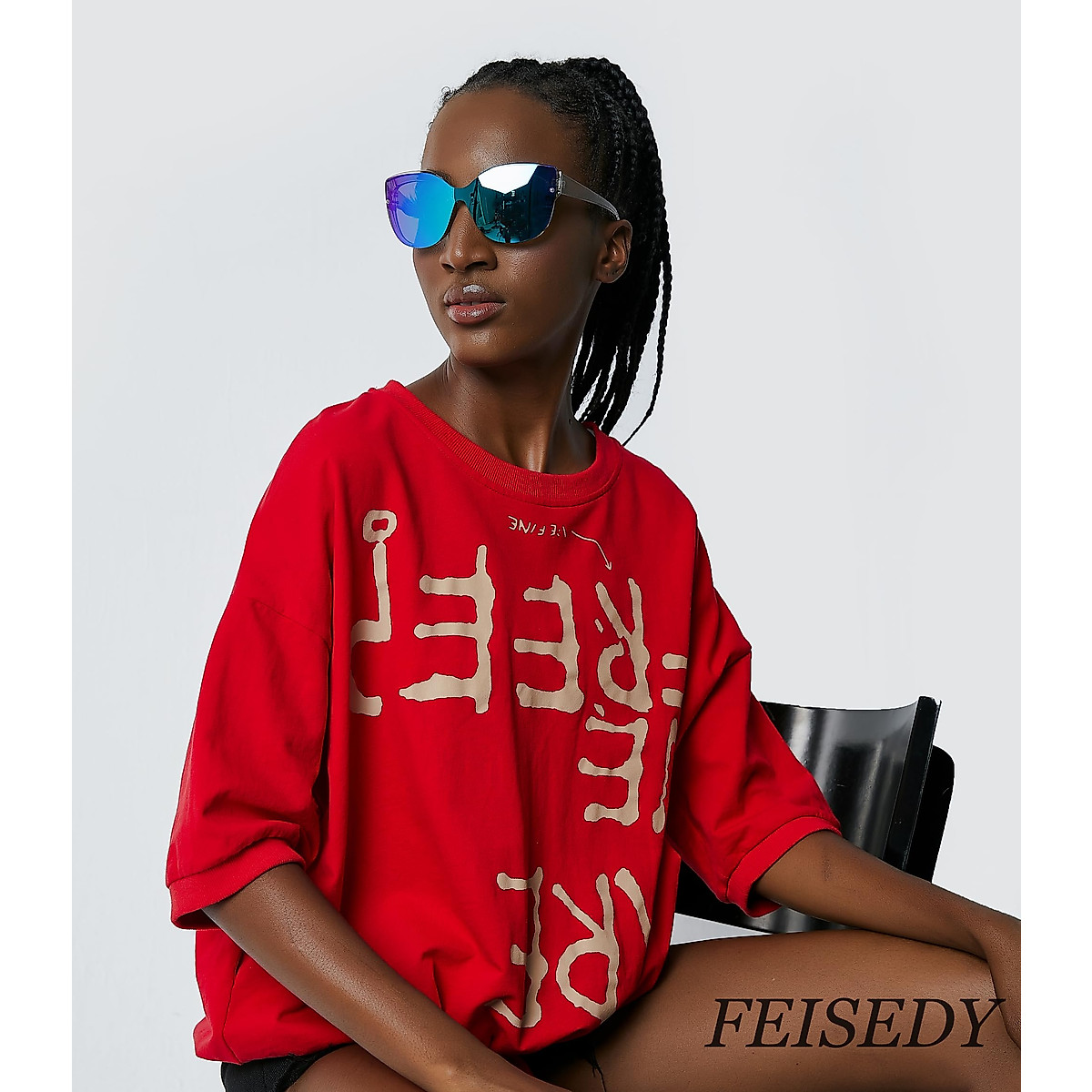 FEISEDY Cat Eye Sunglasses Polarized for Women Men，Rimless Mirrored Sunglasses, Oversized, Trendy Retro Sun Glasses B2796 Transparent Grey/Blue Mirror