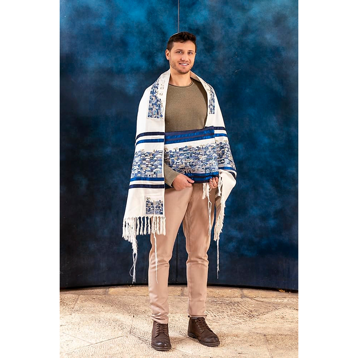 Yair Emanuel Premium Tallit Silk Embroidered Jerusalem Vista | Blue and White Tallis Prayer Shawl