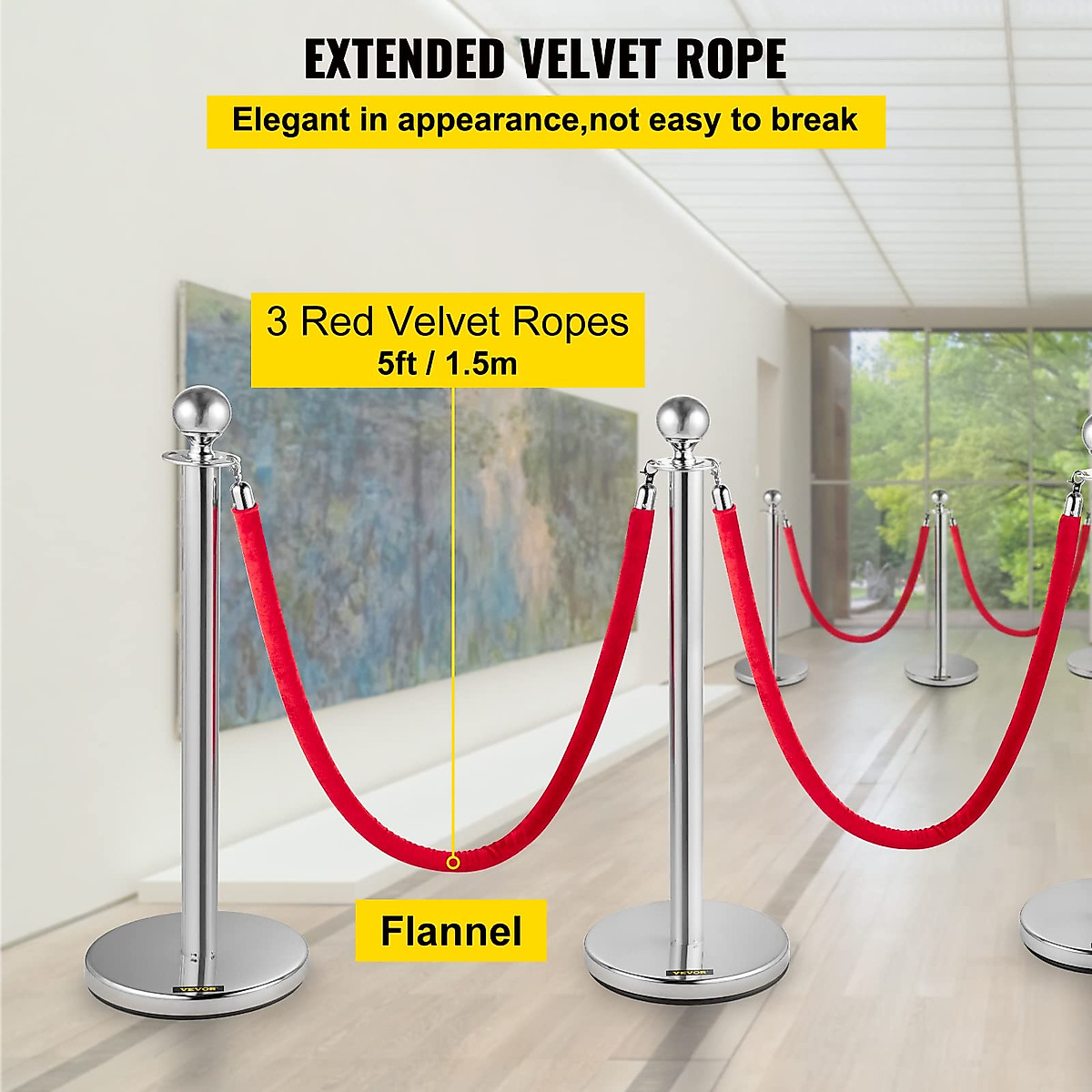 BestEquip 38 Inch Stanchion Posts Queue, Red Velvet Rope (3, Silver)
