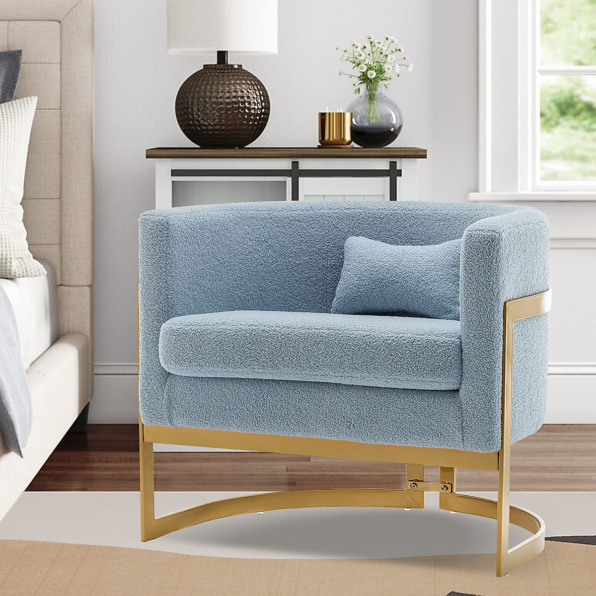 Apeaka Modern Teddy Accent Chair Boucle Arm Chair Living Room Chairs Upholstered Sofa Chair for Bedroom Office Club Barrel Chairs Light Blue
