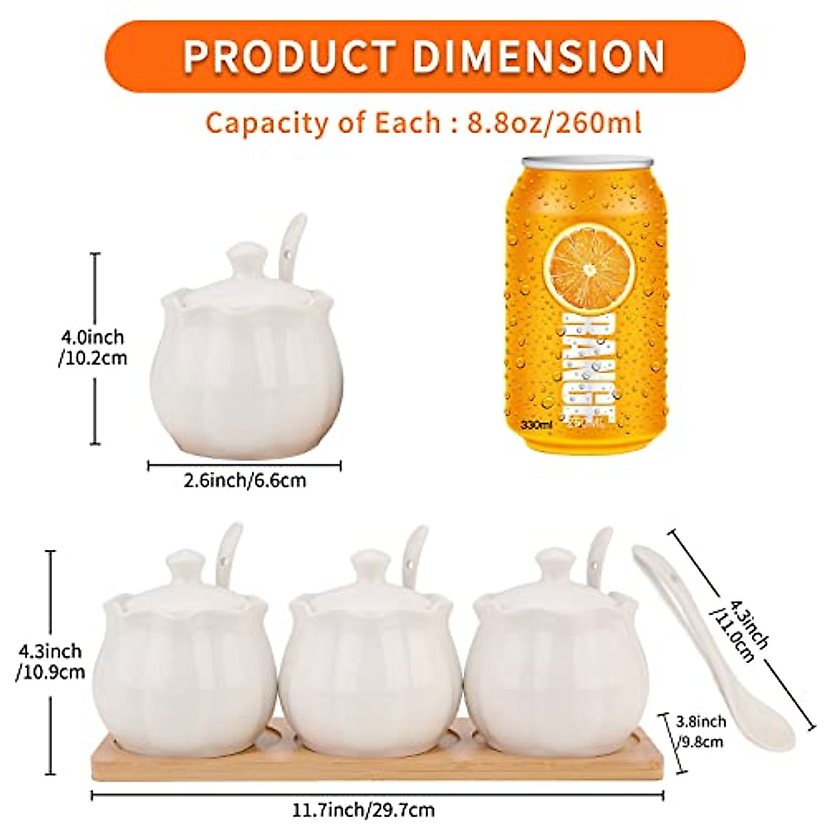 Sugar Bowls Set, Kitchenexus Condiment Jars Pots Set with Lids and Spoons Ceramic Salt Pepper Box Container, Canister Seasoning Box with Bamboo Tray 8.8 ounce/260 ml White