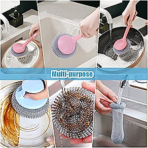 Stainless Steel Sponges Set with Handle, FULANDL 6PCS Steel Wool Scrubber With 3PCS Cellulose Sponge Cloths 2PCS Dual-Sided Scrub Sponges, Scrubbing Scouring Pad Dishes Scrub Cleaning Ball for Kitchen