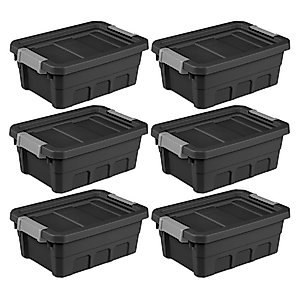 Sterilite 4 Gallon Plastic Stacker Tote, Heavy Duty Lidded Storage Bin Container for Stackable Garage and Basement Organization, Black, 6-Pack