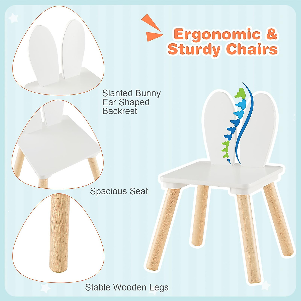 HONEY JOY Kids Table and Chair Set, Children Wooden Activity Table & 2 Chairs Set, Solid Wood Legs, Easy Assembly, 3 Piece Rabbit Themed Toddler Furniture Set for Art Craft (White)