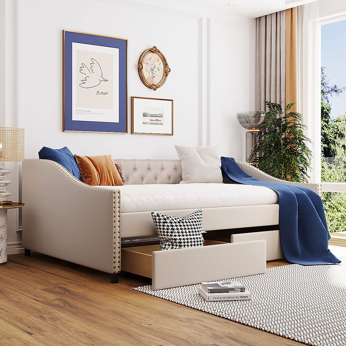 Eafurn Full Daybed with Two Drawers, Upholstered Daybed with Storage,Full Size Button Tufted Sofa Bed Day Bed with Nailhead Trim and Solid Wood Slat Support
