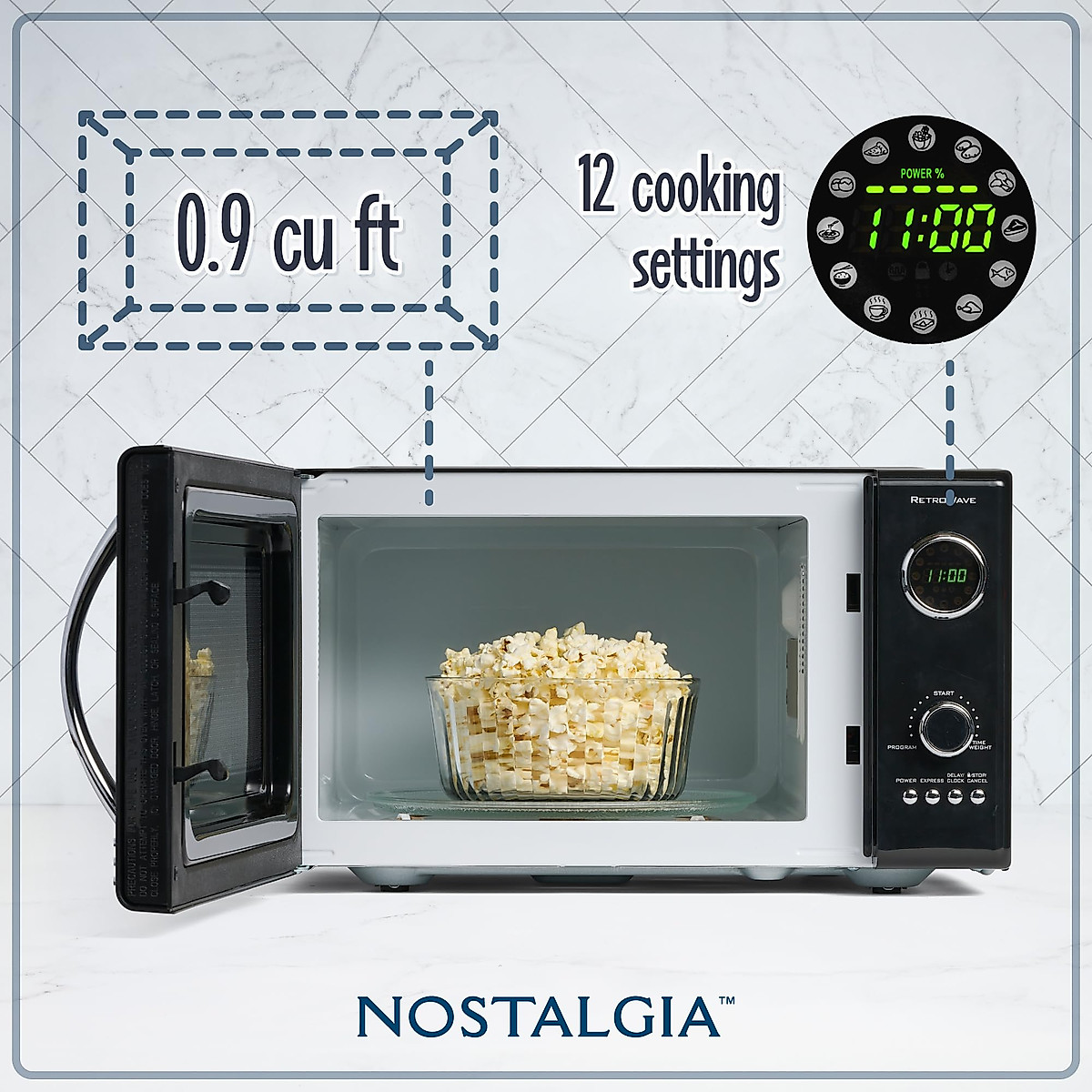 Nostalgia Retro Countertop Microwave Oven - Large 800-Watt - 0.9 cu ft - 12 Pre-Programmed Cooking Settings - Digital Clock - Kitchen Appliances - Black