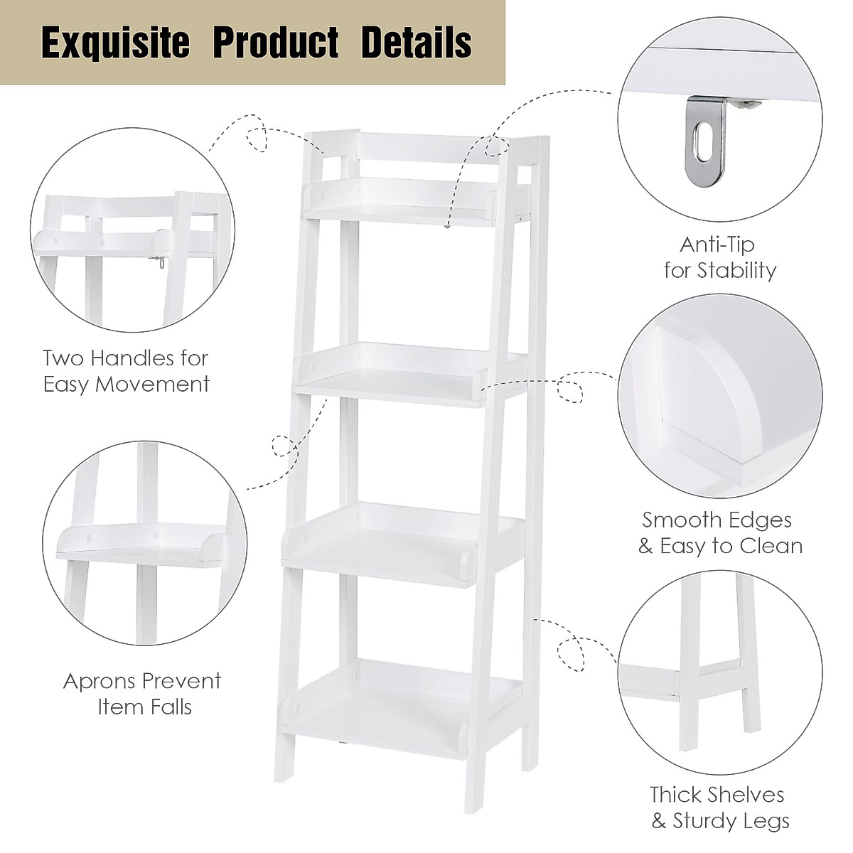 UTEX 4-Tier Ladder Shelf, Bathroom Shelf Freestanding, 4-Shelf Spacesaver Open Wood Shelving Unit, Ladder Shelf (White)