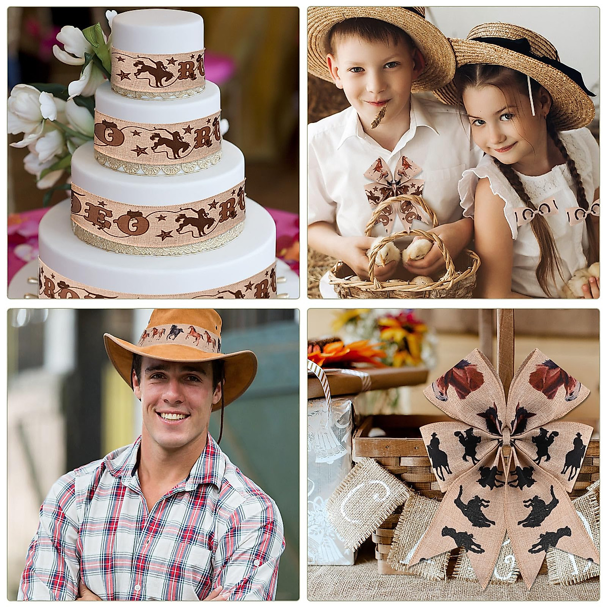 5Rolls Wild Horse Wired Ribbon Horse Head Equid Horseshoe Print Burlap Ribbon for Gift Wrapping Wreath Making for Farmhouse Birthday Horse Racing Party Craft Supplies (Brown)