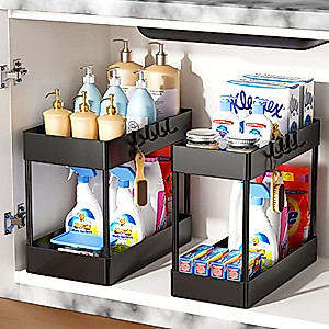 Wekin Under Sink Organizers & Storage 2 PCS, 2 Tier Under Cabinet Basket Organizer for Kitchen Bathroom, 2 Size Multi-Usage Storage Shelf with Hooks, Under the Sink Standing Stackable Rack for Bath