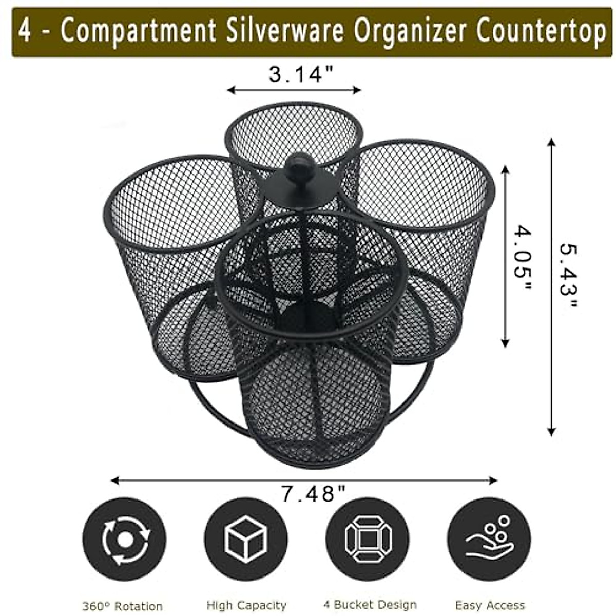 BESSKON 360° Rotating Kitchen Silverware Organizer,Utensil Organizer,4 Compartment Flatware Organizer,Countertop Utensil Holder for Spatula,Knives,Spoons and Forks,Counter Cutlery Caddy for Party