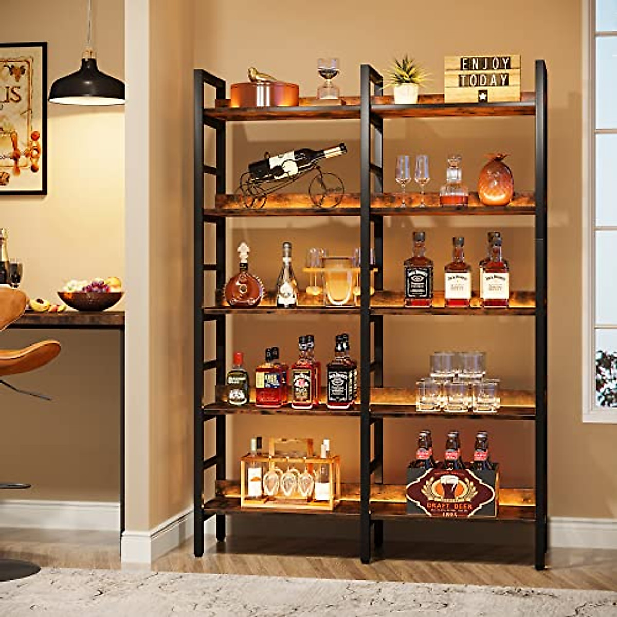 LITTLE TREE 5-Tier Industrial Bookshelf, 70.9” H Double Wide Bookcase, Rustic Brown