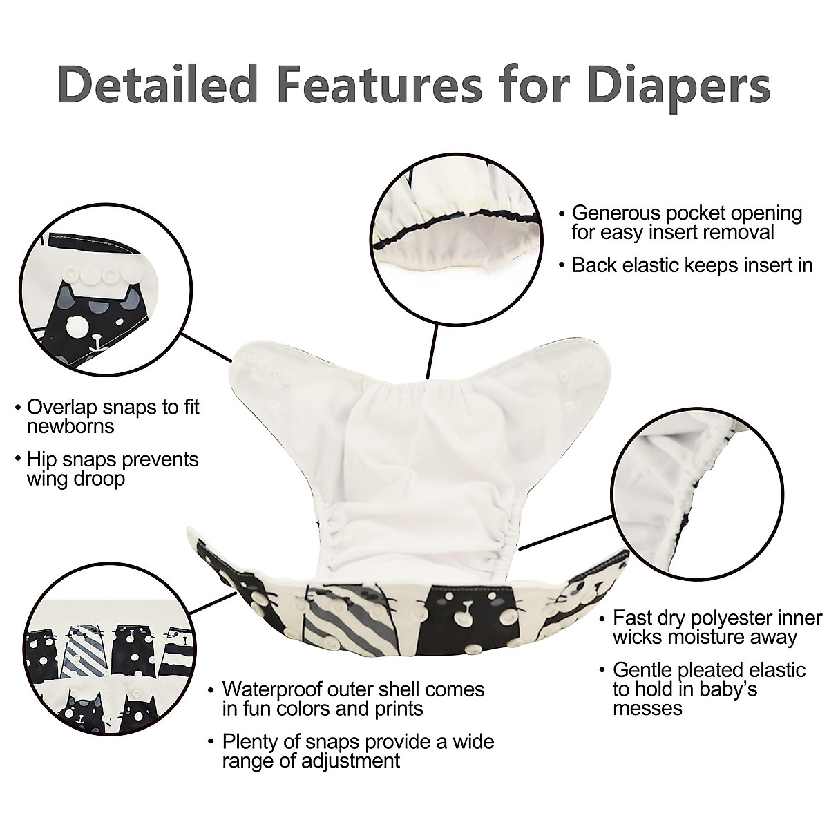 Babygoal Baby Reusable Neutral Cloth Diapers 6 Pack with 10pcs Inserts, One Size Adjustable Washable Pocket Nappy Covers for Baby Boys and Girls 6FN05