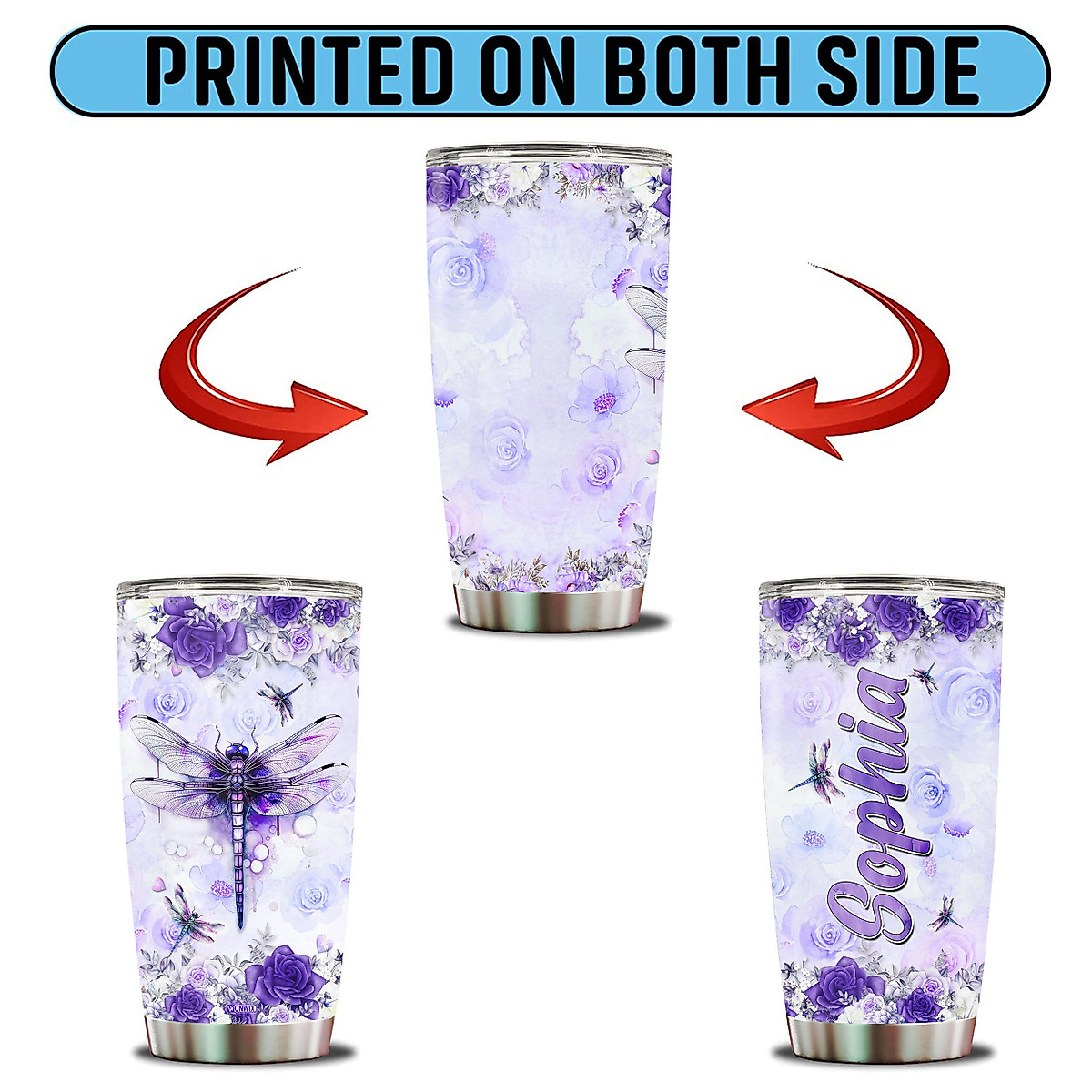 WONWIX Personalized Dragonfly Coffee Mug Cups Gifts For Women Unique Mom, Purple Dragonflies Water Bottle Mothers Day Birthday Christmas Valentine 20oz Stainless Steel Thermos Tumbler Cup With Lid