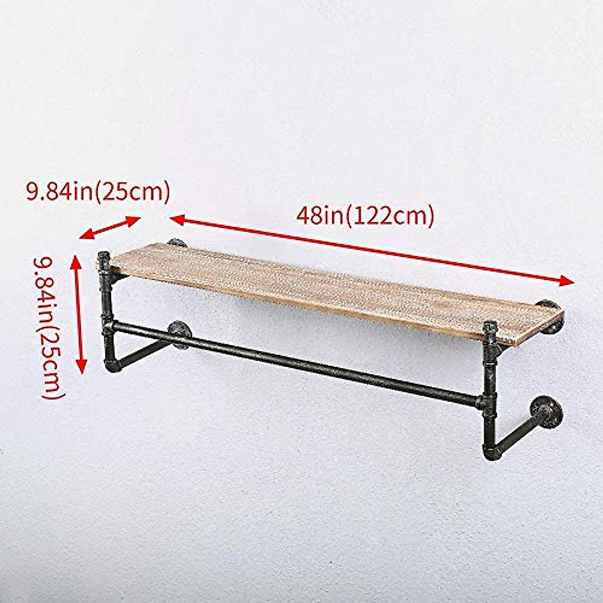 WJJ Industrial Pipe Clothing Rack Wall Mounted with Real Wood Shelf,Pipe Shelving Floating Shelves Wall Shelf,Rustic Retail Garment Rack Display Rack, 48in Steam Punk Commercial Clothes Racks