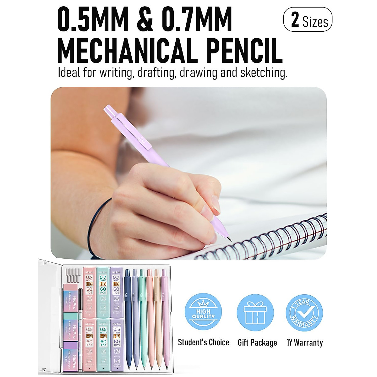 Nicpro 6PCS Pastel Mechanical Pencil Set, Cute Mechanical Pencils 0.5 & 0.7 mm with 6 Tubes HB Lead Refill, 3PCS Eraser and 9PCS Eraser Refill for Student Writing, Drawing, Sketching- with Cute Case