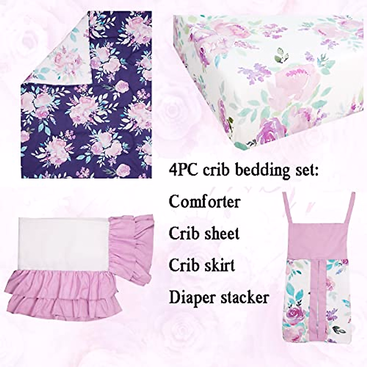 TANOFAR 4 Piece Crib Bedding Set for Girls, Baby Nursery Crib Bedding Set, Purple Flower Crib Skirt, Quilt, Crib Sheet and Diaper Stacke,Crib Bedding Set for Girls (Purple Flower)