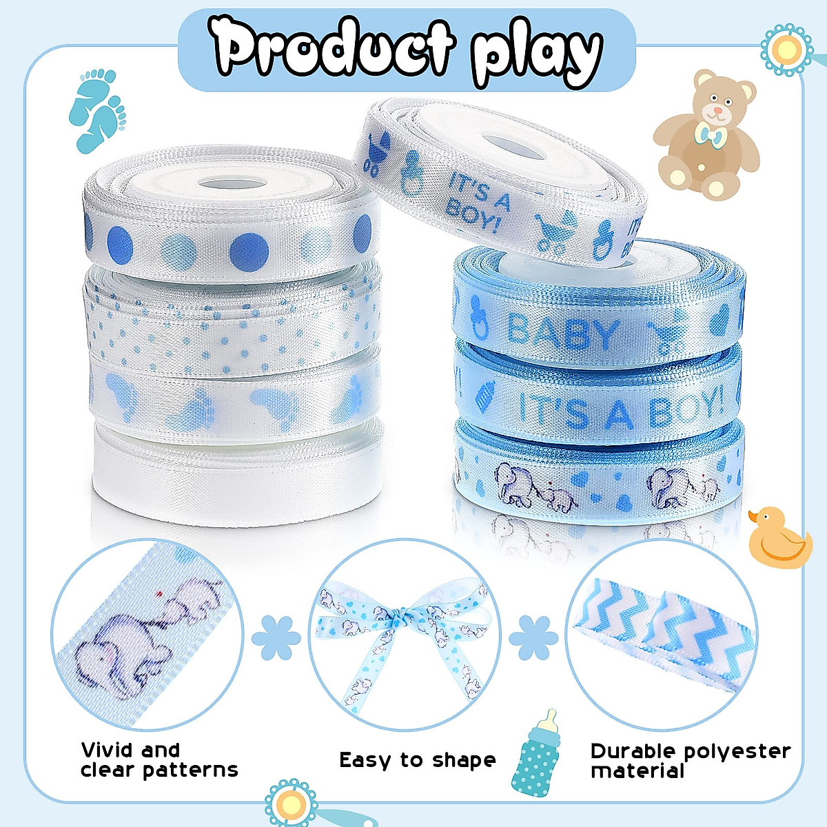 14 Rolls Baby Blue Ribbon Baby Shower Wrapping Ribbon 70 Yards It's a Boy Blue Ribbon Assorted Foot Print Elephant Satin Ribbon for Gift Wrapping Crafts Diaper Cake Baby Shower Birthday Favor