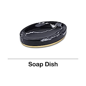 5-Piece Bathroom Counter Top Accessory Set - Dispenser for Liquid Soap or Lotion, Soap Dish, Toothbrush Holder and 2 Tumblers, Gold Base, Marble Pattern Resin, Ink Black