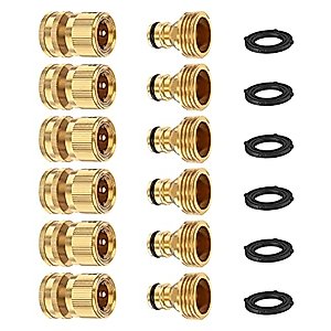 FINEST+ Garden Hose Quick Connector, Solid Brass 3/4 Inch Thread Fitting No-Leak Water Hose Female and Male Easy Connect (6 Sets)