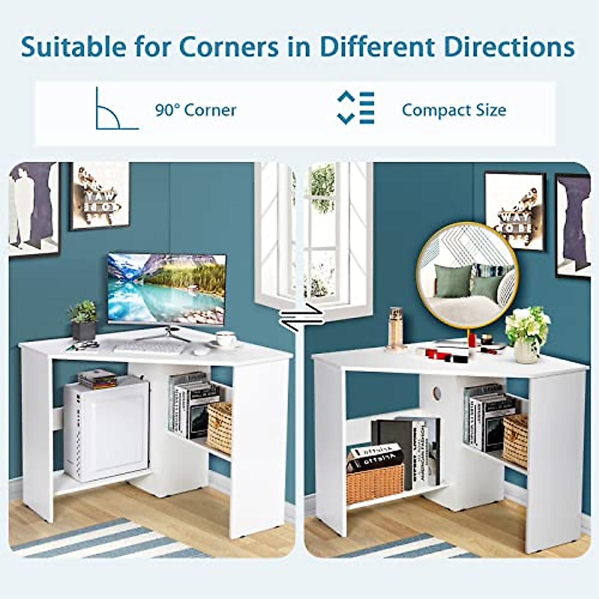 Tangkula White Corner Desk - 90 Degrees Triangle for Computer, Small Space, Bedroom, Makeup Vanity Desk with Storage Shelves & CPU Stand, Space Saving Writing Desk