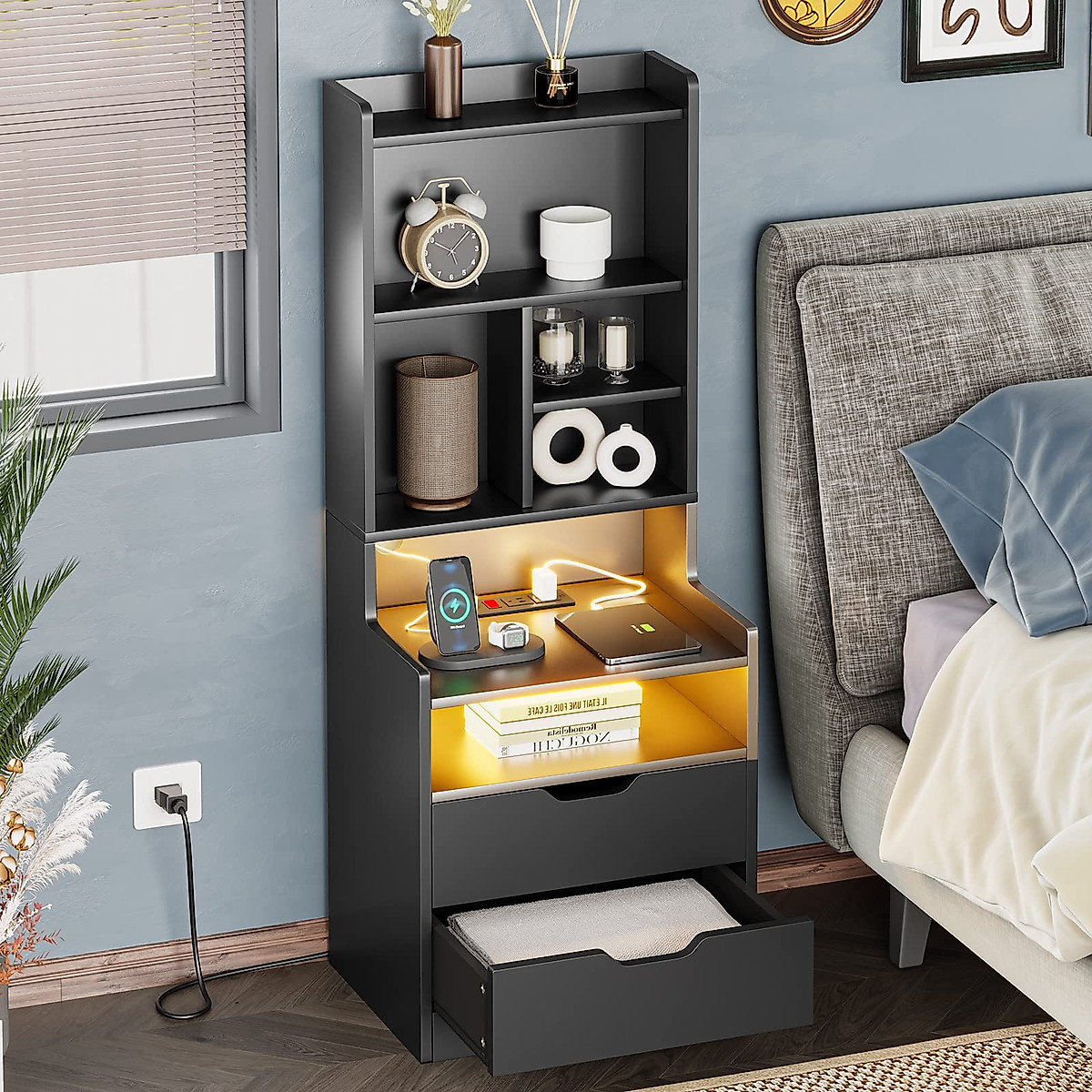 ADORNEVE Tall Night Stand with Charging Station and LED Lights,Nightstand with Bookshelf,Bedside Table with Drawers & Power Outlets,End Side Table for Bedrooms (Black)