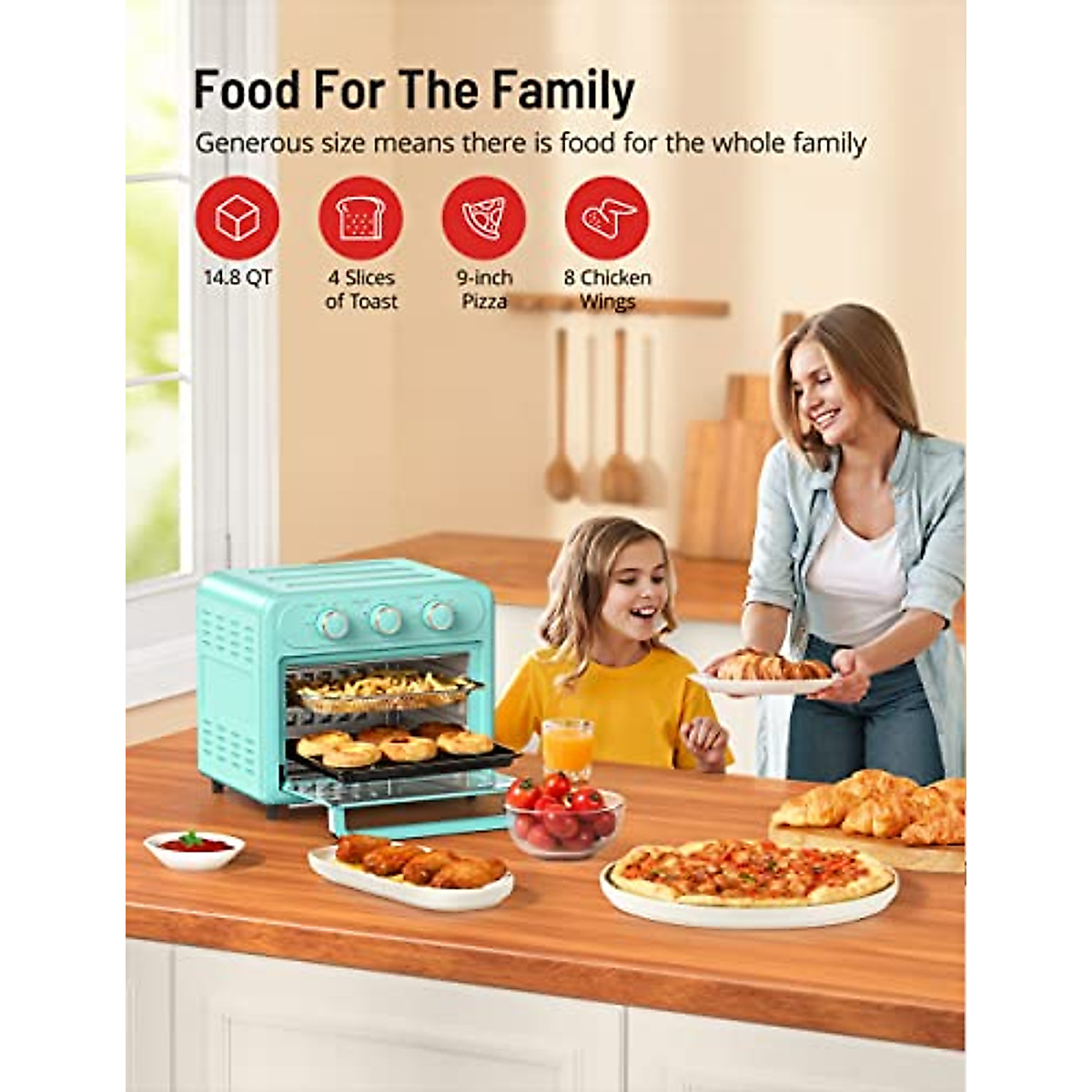 Air Fryer, Paris Rhône 15QT Toaster Oven Countertop, 450℉ Food Dehydrator, Knob-Controlled Freidora de Aire for Easy, Oil Less and Healthy Meals with Nonstick Dishwasher Safe Basket and Trays (Aqua)