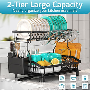 Ricobes Dish Drying Rack - 2 Tier Large Capacity Dish Rack- Dish Racks for Kitchen Counter with Drainboard, Rustproof Dish Drainer with Removable Utensil Holder,Cutting Board Holder,Cup Holder, Black